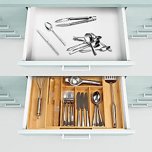 TreeLen Bamboo Expandable Drawer Organizer, Adjustable Cutlery Organizer in Drawer, Kitchen Utensil Organizer Silverware Tray for Drawer, Cutlery Tray Utensil Tray, Silverware Holder for Drawer