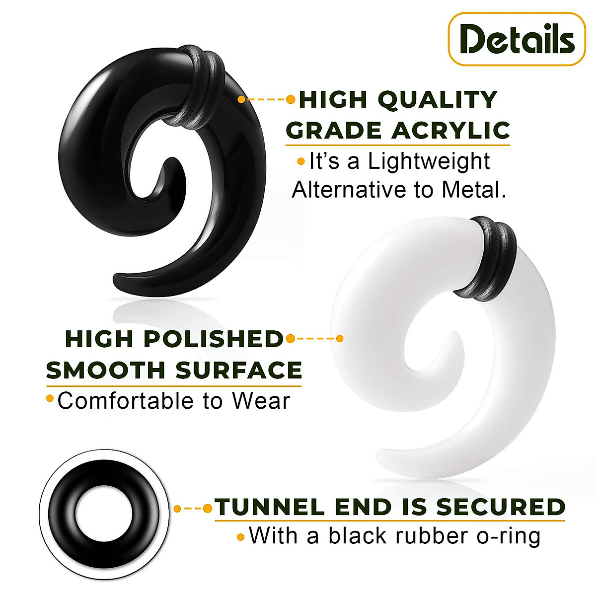 BIG GAUGES 2 Pairs Acrylic 2g Gauge 6mm Black White Taper Expander Spiral Coil Piercing Jewelry Stretcher Ear Earring Lobe Plugs BG2912