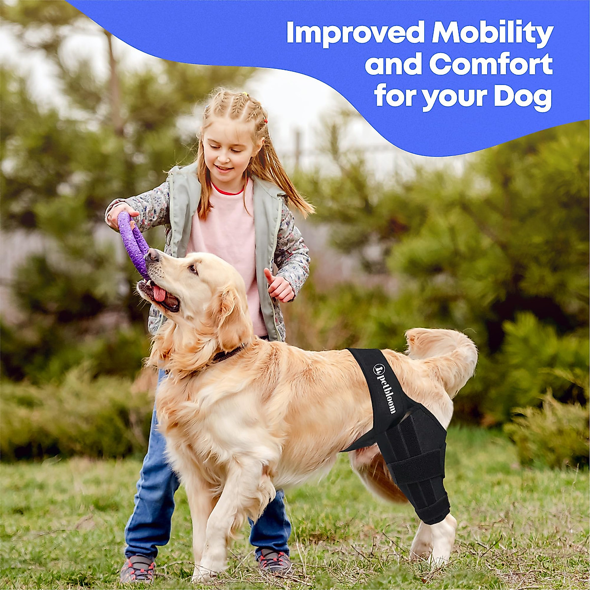 petbloom Dog Knee Brace for Torn ACL, Hip Dysplasia, Arthritis Pain Relief, Osteoarthritis, and Ligament Injuries, Adjustable Neoprene Support for Front or Hind Leg, Black (Large)