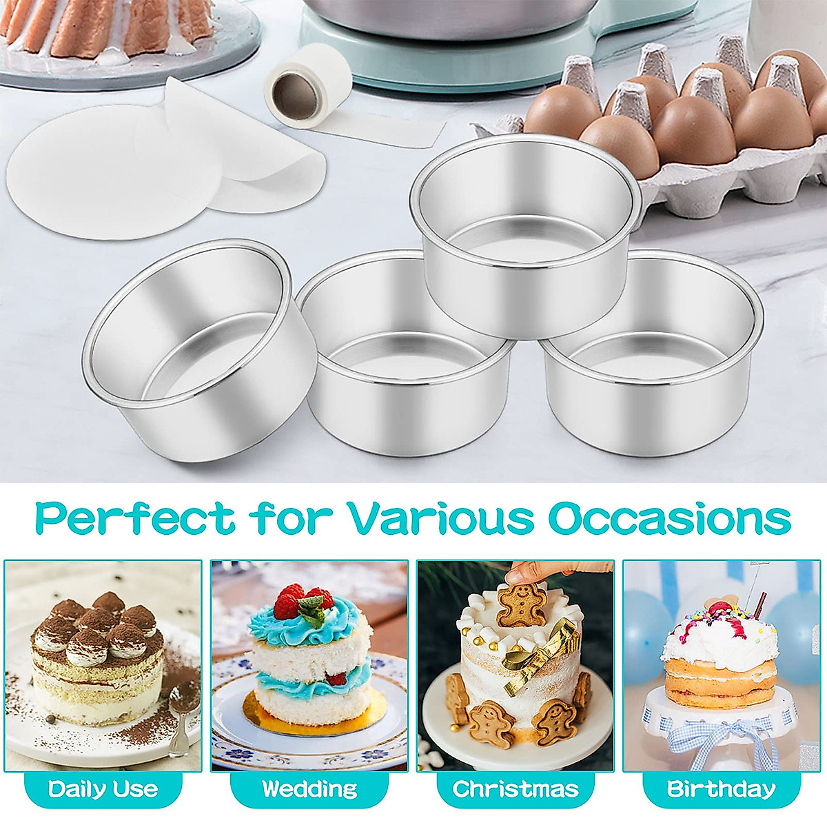TeamFar 4 Inch Cake Pans, Stainless Steel 4 PCS Small Round Cake Pan Set for Baking Roasting, Non-Toxic & Sturdy, Non-Stick & Heat-Resistant, Dishwasher Safe