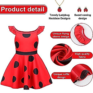 Toulite 9 Pcs Halloween Ladybug Dress Costume with Socks Red Gloves Necklace Earrings Wing for Kids Cosplay Party (51 Inches)