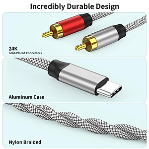 PPTVC USB Type C to 2 RCA Audio Cable,Type-C RCA Cable 6ft, 2rca Jack USB-C Audio Line for Xiaomi,LG,Home Theater Amplifier,DVD, TV Speaker