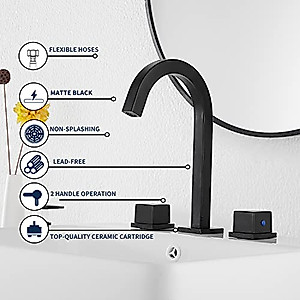 GGStudy Matte Black Widespread Bathroom Faucet 2 Handles 3 Holes 8 inch Widespread Bathroom Sink Faucet Black Matching with Pop Up Drain