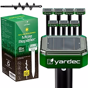 YARDEC Gopher Repellent Ultrasonic Solar Powered (8-Pack) - Easy To Use Solar Mole Repellent Ultrasonic With an Auger Drill Bit - IP65 Waterproof Sonic Repeller Stakes For Groundhog, Vole, Snake, etc.