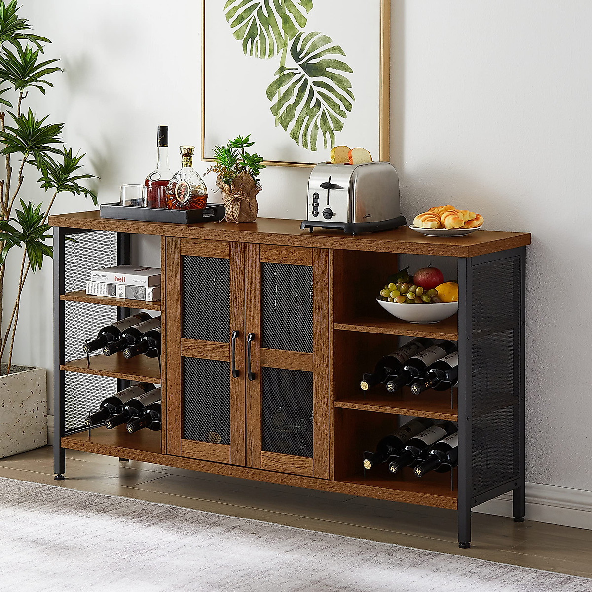 Tiophome Industrial Bar, Liquor Storage Credenza, Farmhouse Wood Coffee Cabinets with Wine Racks & Stemware Holder, Metal Sideboard and Buffet (55.12''W, Hazelnut Brown), Large