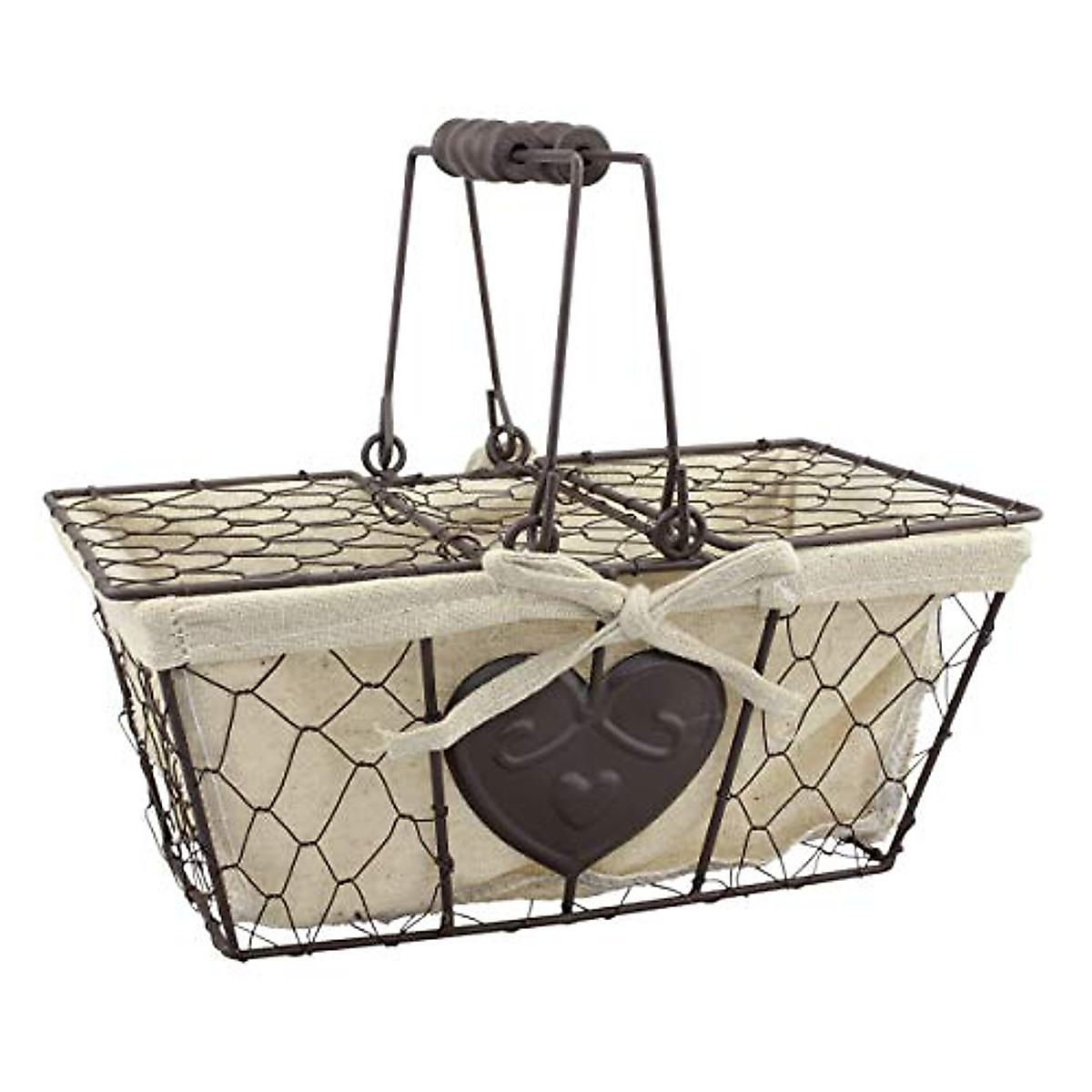 Stonebriar Farmhouse Metal Chicken Wire Picnic Basket with Hinged Lids, Handles, and Heart Detail, 10.5" x 6.5", Cream