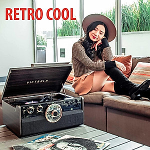 Victrola Empire Mid-Century 6-in-1 Turntable with 3 Speed Record Player, Bluetooth Connectivity, Radio, Cassette and CD Player (Espresso)