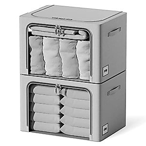 2 Pack Frame Storage Box - Stackable Oxford Fabric Clothes Oranganizer with Large Window and Carry Handle, Foldable Large Capacity Container Box for Bedding, Books, Blankets, Sweaters(66L, Grey)