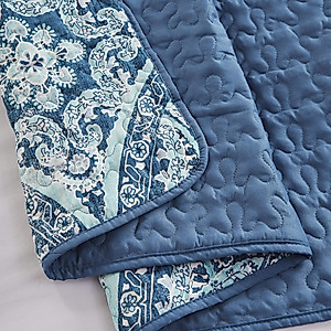 Comfort Spaces Reversible Quilt Set-Vermicelli Stitching Design All Season, Lightweight, Coverlet Bedspread Bedding, Matching Shams, Twin/Twin XL (66 in x 90 in), Gloria Damask Aqua 2 Piece