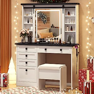 VOWNER Farmhouse Makeup Vanity Desk with Sliding Lighted Mirror & Power Outlet, Vanity Table Set with Hidden Shelves & 5 Drawers & Storage Stool for Bedroom