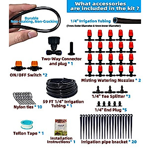 AWOWZ 59FT/18M Drip Irrigation Kits, 1/4"Drip Tubing and Two-Ways Connector, All-in-one Misters, DIY Saving Water Automatic Mist Irrigation System for Lawn, Garden, Greenhouse, Livestock Farm