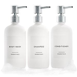 Stylish Shampoo and Conditioner Dispenser Set of 3 - Modern 21oz Shower Soap Bottles with Pump and Labels - Easy to Refill Body Wash Dispensers for an Instant Bathroom Decor Upgrade - White