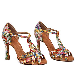 Minishion T-Strap Dance Shoes for Women Rhinestones Wedding Sandals L547 Multicolor US 9