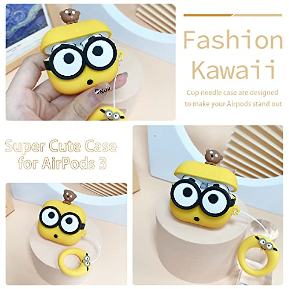 FREEOL Cute Anime Big Eyes Bob Airpods 3rd generation(2021)Case, 7 in 1 Airpods 3 Silicone Accessories Protective Cover, 3D Fashion Fun Cartoon Character Design Airpods Skin for Girls Women Kids Teens
