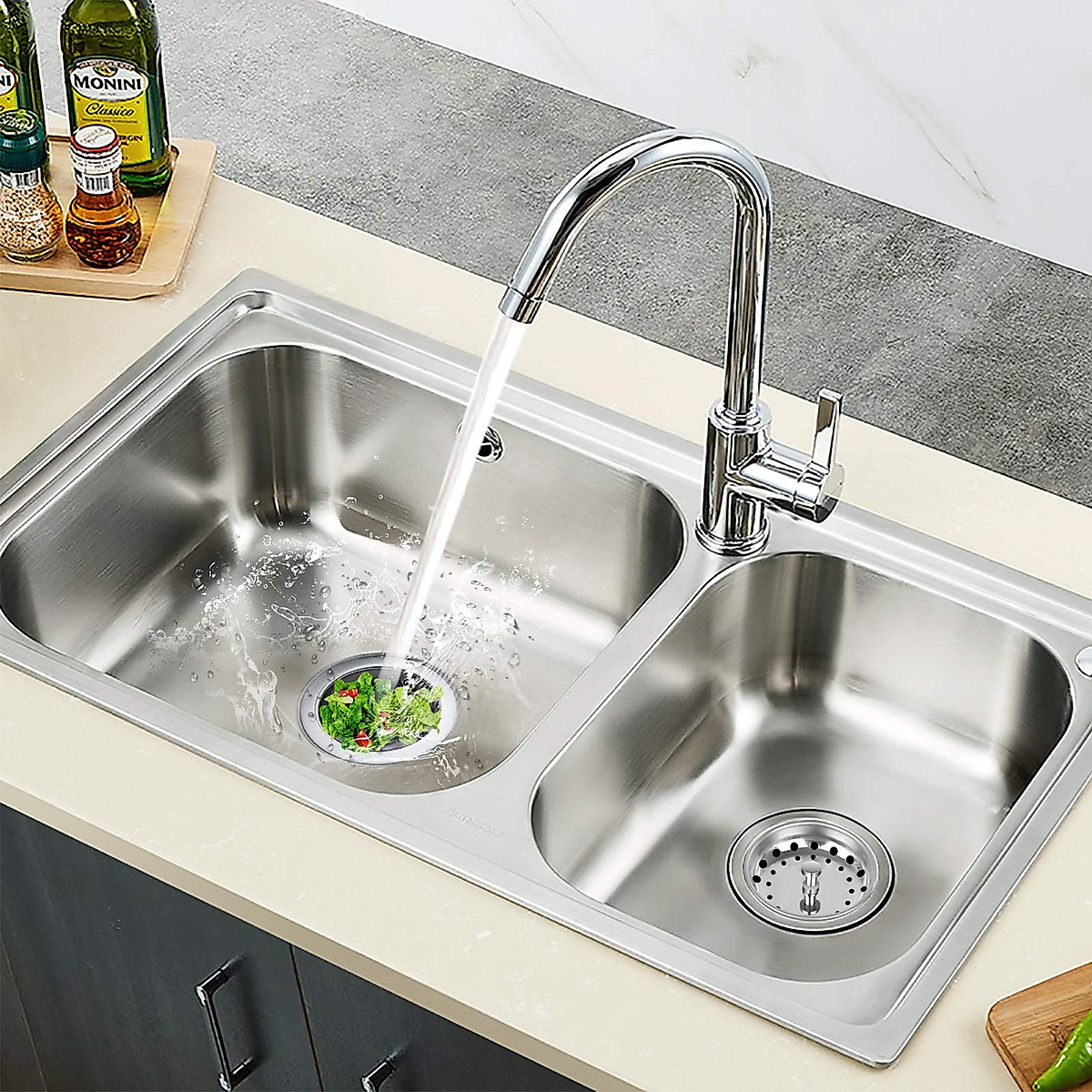 AFANTY 2PCS Kitchen Sink Strainer Stopper 2 in 1, Spring Clip Plunger, Replacement for Standard Drains(3-1/2 Inch), Chrome Plated Stainless Steel Body with Rubber Stopper