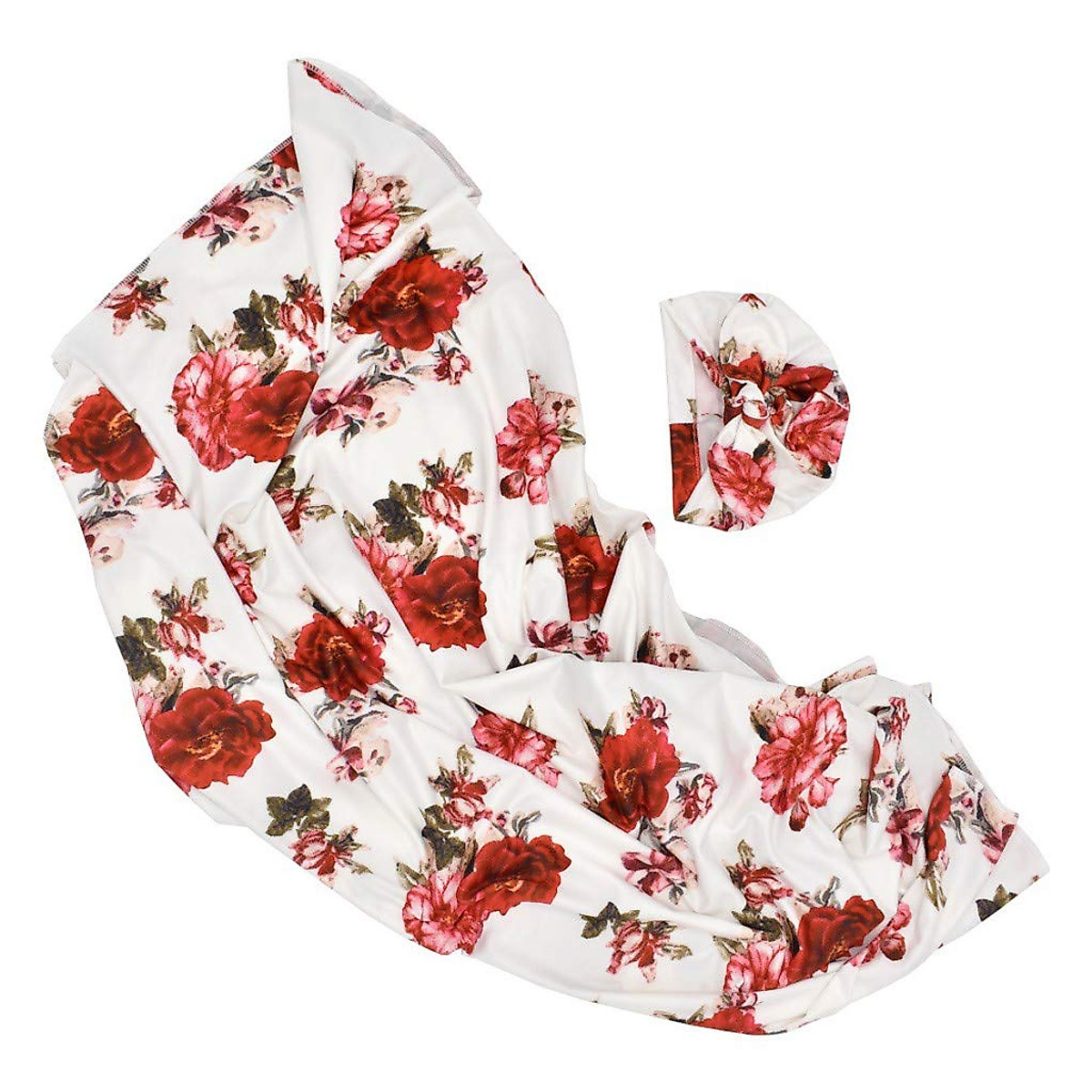 Wrap Turban Set Soft Baby Hat Swaddle Floral Blanket Sleeping Newborn Infant Kids Blankets Airplane Blanket Design (Red, S)