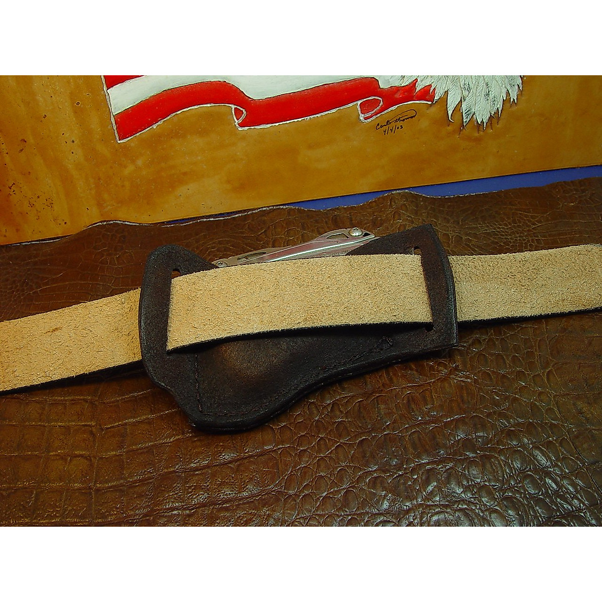 Buck 110 Rattlesnake Right-hand Cross Draw Knife Sheath. The Sheath Is Made Out of 10 Ounce Water Buffalo Leather and a Rattlesnake Insert. It is Made to Wear on Your Left-Side and Drawn with Your Right Hand the Sheath Is Dyed Dark Brown. Sheath Only the