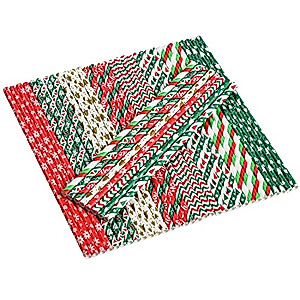 ALINK 200 Christmas Paper Straws, 8 Styles Red Green White Gold Biodegradable Party Drinking Straws with Stripe, Wave, Christmas Tree Snowflake Design Decorations Supplies
