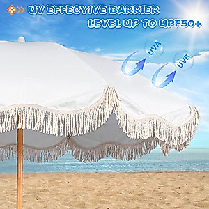 Funsite 6.5ft Boho Beach Umbrella with Fringe, UPF 50+ Tassel Umbrellas with Carry Bag, Premium Wood Pole Foldable Patio Umbrella for Outdoor Holiday Garden Lawn Pool Yard Table, White