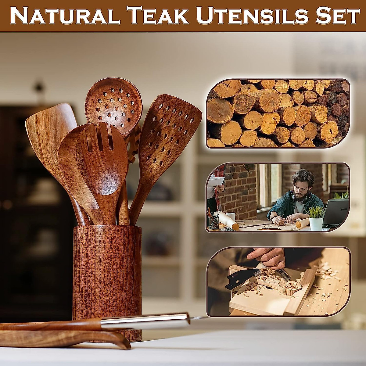 Wooden Spoons for Cooking with Utensils Holder, 10-Pieces Wooden Utensil Set Non-Stick, Natural Teak Cookware Wooden Cooking Spurtle Set, with Stainless Steel Handle