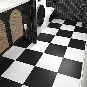 Pure Black Floor Tiles Peel and Stick Vinyl Flooring for Bathroom Kitchen 5PCS Self Adhesive Vinyl Flooring Tile Waterproof Stick and Peel Garage Floor Tiles Stick on Tiles 12''x12'' Floor Stickers