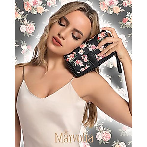 Marvolia Wristlet Wallets for Women - RFID Blocking Wallet Printed Clutch Wallet PU Leather Card Holder Ladies Wallet Zip Around Wallets - Blooming Flowers
