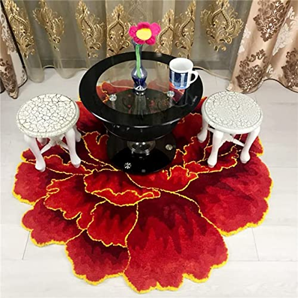 Red Flower Shaped Rug Creative Living Room Rug Bedroom Floor Mat Retro Chinese Style Peony Flower Rug for Bedside Blanket Bathroom Rug Garden Kitchen Running Mat Soft Non-Slip Home Decor 2.6ft(80cm)