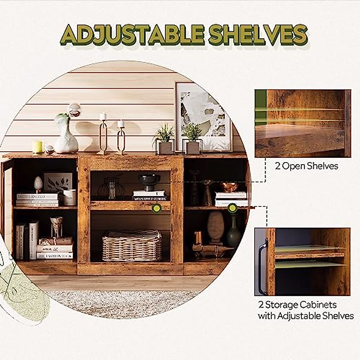 WLIVE Retro TV Stand for 65 inch TV, TV Console Cabinet with Storage, Open Shelves Entertainment Center for Living Room and Bedroom, Rustic Brown…