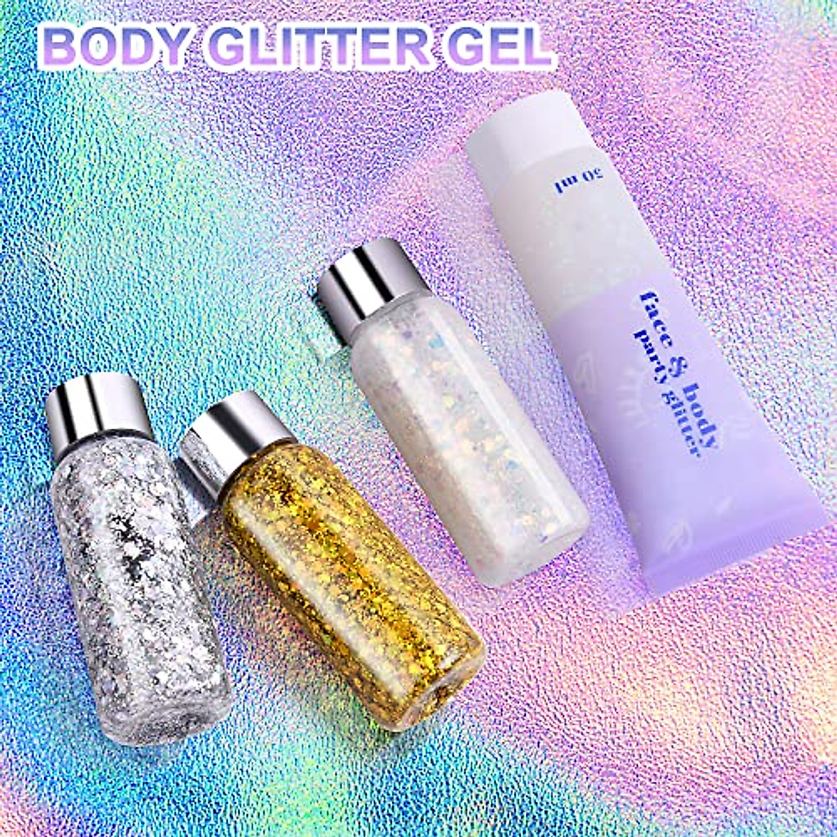 AOOWU Body Glitter Gel, 50ml Holographic Mermaid Sequins Glitter Chunky Cosmetic Glitter Face and Body Gel, Sparkling Festival Party Lotion Glitter for Face Body Eye Hair Nail Makeup and DIY Art
