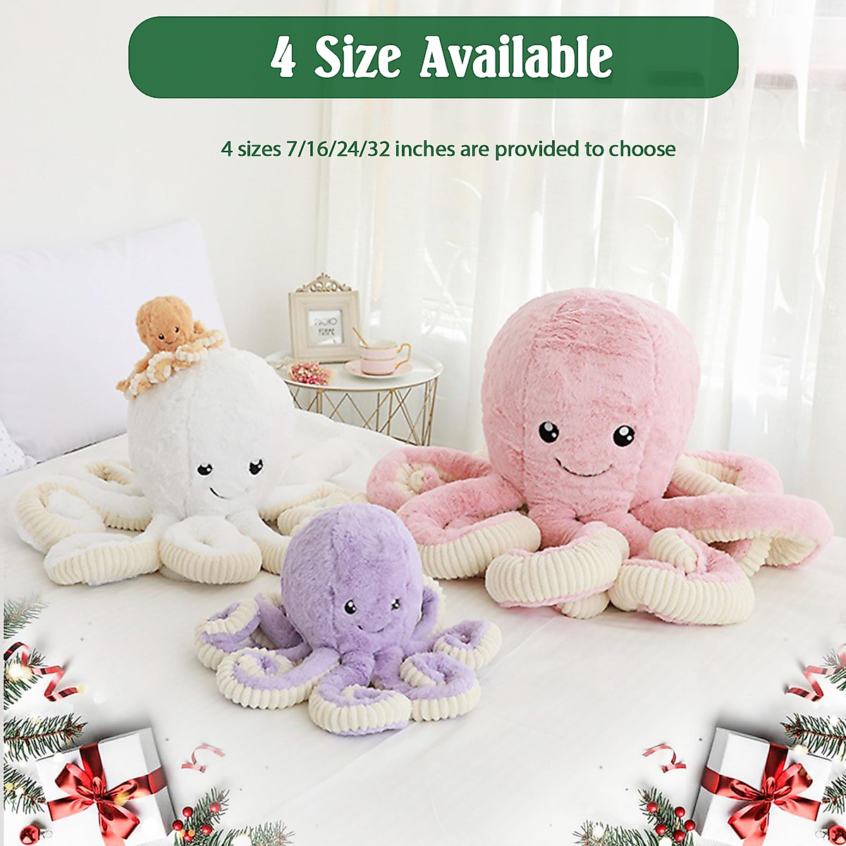 DENTRUN Octopus Stuffed Animals, Giant Octopus Plush Doll Play Toys for Kids Girls Boys Adults Birthday Xmas Halloween Present Stuffed Sea Animals Plushie, 7/16/24/32 Inches, 5 Colors