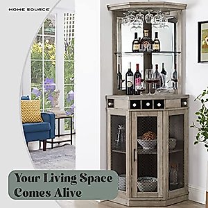 Home Source Stone Grey Corner Bar Unit with Built-in Wine Rack and Lower Cabinet