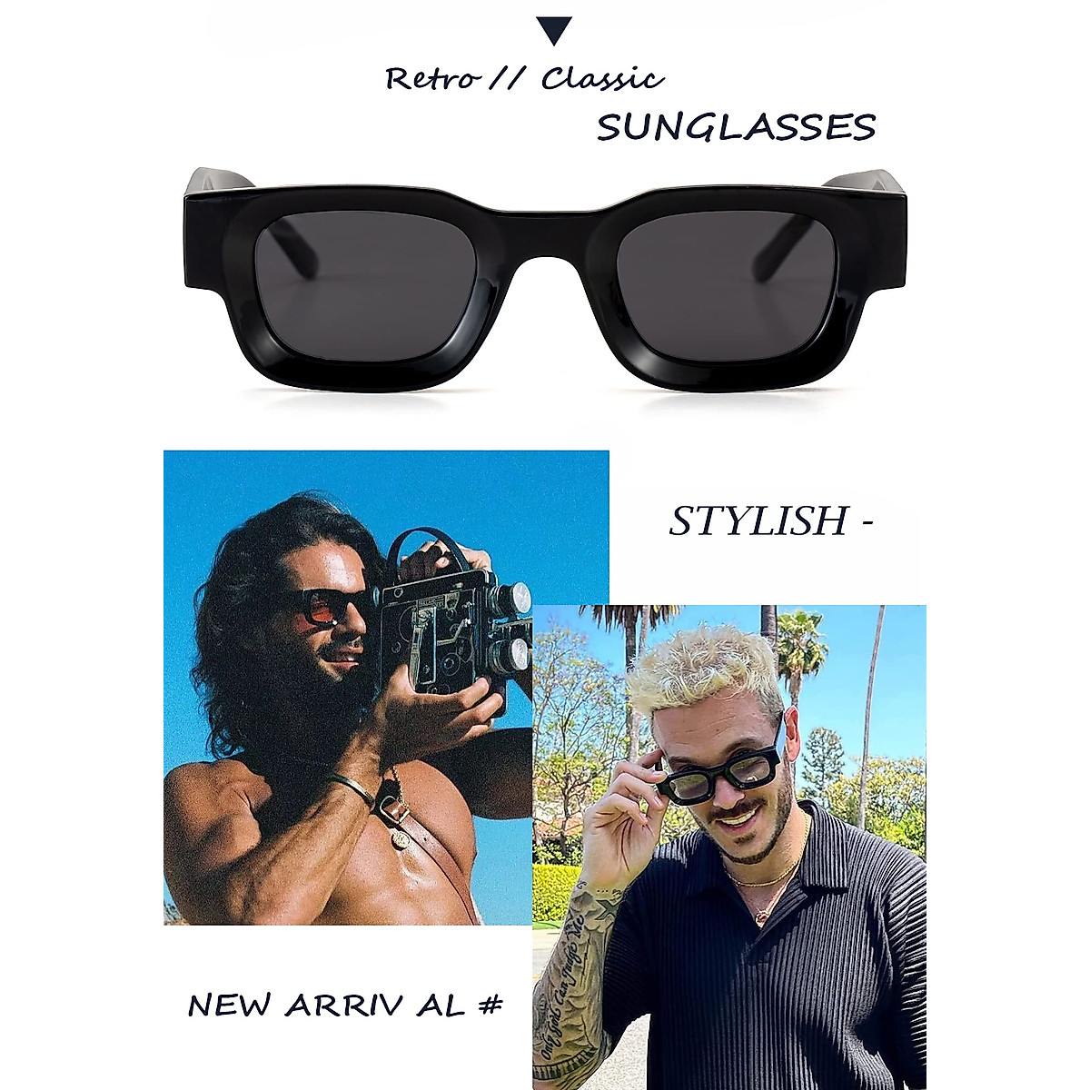 Teumire Retro Rectangle Polarized Sunglasses for Small Face Women Men Chunky Square Thick Frame Glasses UV400 Protection(Black/Grey)