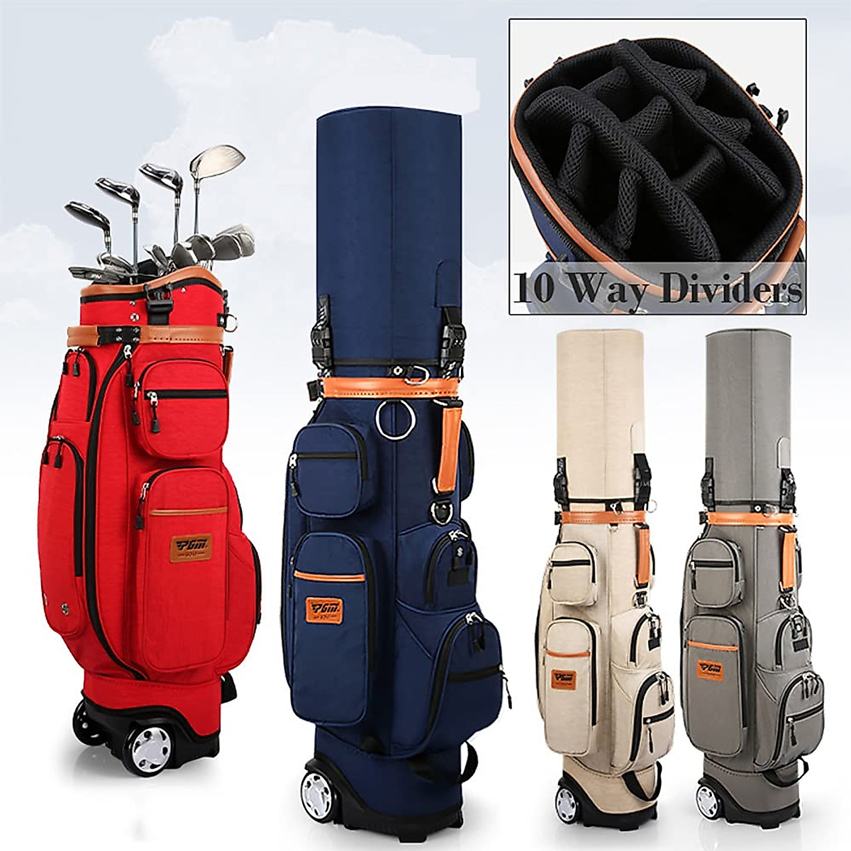 ACXZ Golf Travel Bag for Women Men with 10 Way Dividers, with Rain Cover, Cooler Pocket/Shoe Pocket, Golf Carrying Bag with Wheels, Red/Khaki/Dark Blue/Grey