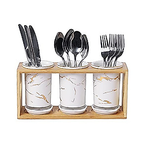 LUODI Golden Marbling Set of 3 with Wooden,Silverware Caddy Holder for Spoons Knives and Forks,Kitchen Utensil Flatware Organizer (White)
