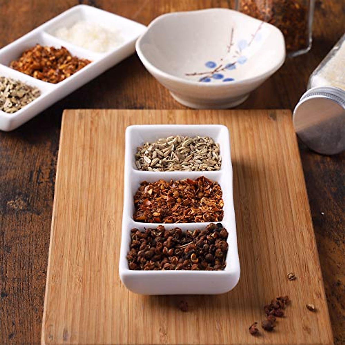 Healeved 2pcs White Ceramic Serving Platter 3 Compartment Appetizer Serving Tray Rectangular Divided Sauce Dishes for Restaurant Kitchen Spices Vinegar Nuts - 5.9 x 2.6 inch