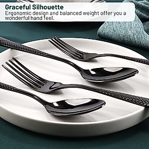 PUREAIN Silverware Set, 30 Pieces Black Hammered Flatware Set for 6, Mirror Polished Stainless Steel Cutlery Set for Home, Kitchen, Restaurant and Hotel, Dishwasher Safe