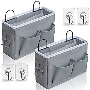 Kanrichu 2pcs Middle Wall Hanging Organizer Bag, Linen Fabric Door Hanging Storage Basket with Pockets, Waterproof Bin for Kitchen, Bedroom, Office, RV Camper (Gray)