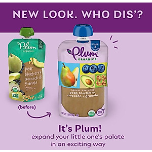 Plum Organics | Stage 2 | Organic Baby Food Meals [6+ Months] | Pear, Blueberry, Avocado & Granola | 3.5 Ounce Pouch (Pack Of 6) Packaging May Vary