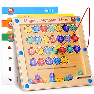 GAMENOTE Magnetic Alphabet Maze Board with 4 Activity Cards, Wooden Matching Letter Game Montessori Toys for Preschool Kingdergarten - Fine Motor Skills Toys ABC Recognition Color Sorting Puzzle