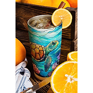 20oz Blue Stained Glass Flower Sea Turtle Tumbler, Gifts for Turtle Lovers, Ocean, Beach Gifts, Coffee Thermos for Women, Stainless Steel Double Wall Vacuum Insulated Coffee Mug, Travel Cup with Lid