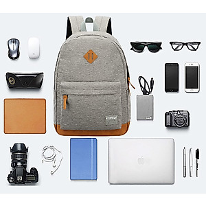 KOPHLY Travel Laptop Backpack with Leather Decoration, USB Charging Port, Classic Backpack for College, Work Bag, Travel Backpacks(18 Inches/Light Grey)