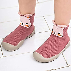 Pluatyep Baby Toddler Sock Shoes Non-Skid Slipper with Soft Sole Breathable Cotton Blend Walking Shoes for Infant Girls Boys(PinkCat,13.5cm)