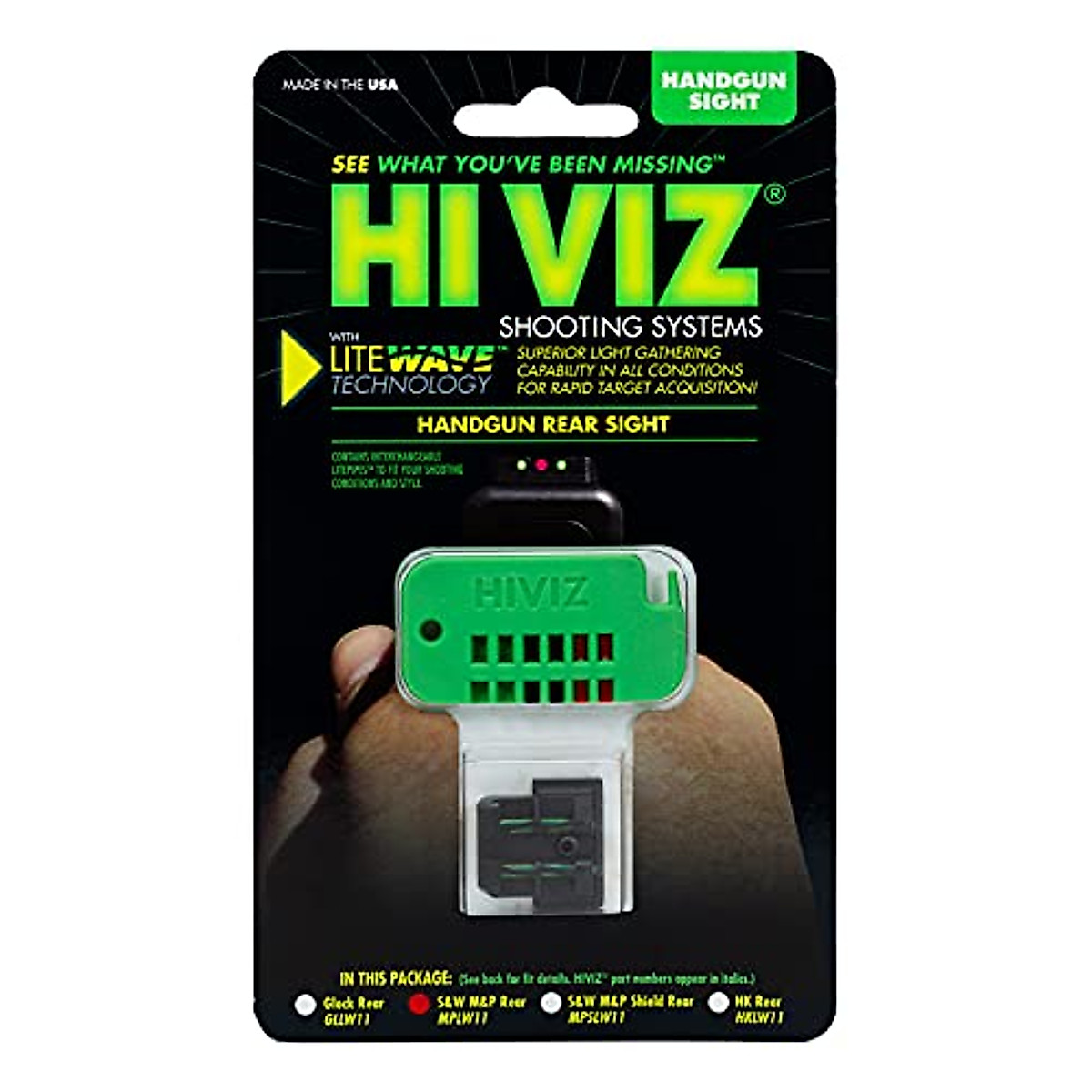 HIVIZ unisex adult HiViz MPLW11 Interchangeable LITEWAVE Rear Handgun Sight for Smith Wesson M P Full Size Compact E, Green, Red, and Black, One Size US
