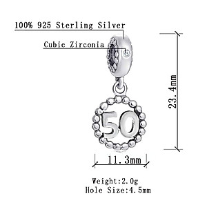 50 Anniversary Birthday Number Charms for Pandora Charm Bracelet, 925 Sterling Silver 50th Milestone Beads Inlay CZ Birthstone Dangle Pendant, Gifts for Mother/Wife/Family