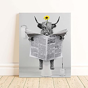FOTRIC Highland Cow Reading Newspaper In Toilet Canvas Print Country Cow and Sunflower Wall Art Painting Bedroom Bathroom Framed Wall Decor (Wooden frame8''x10'',A)