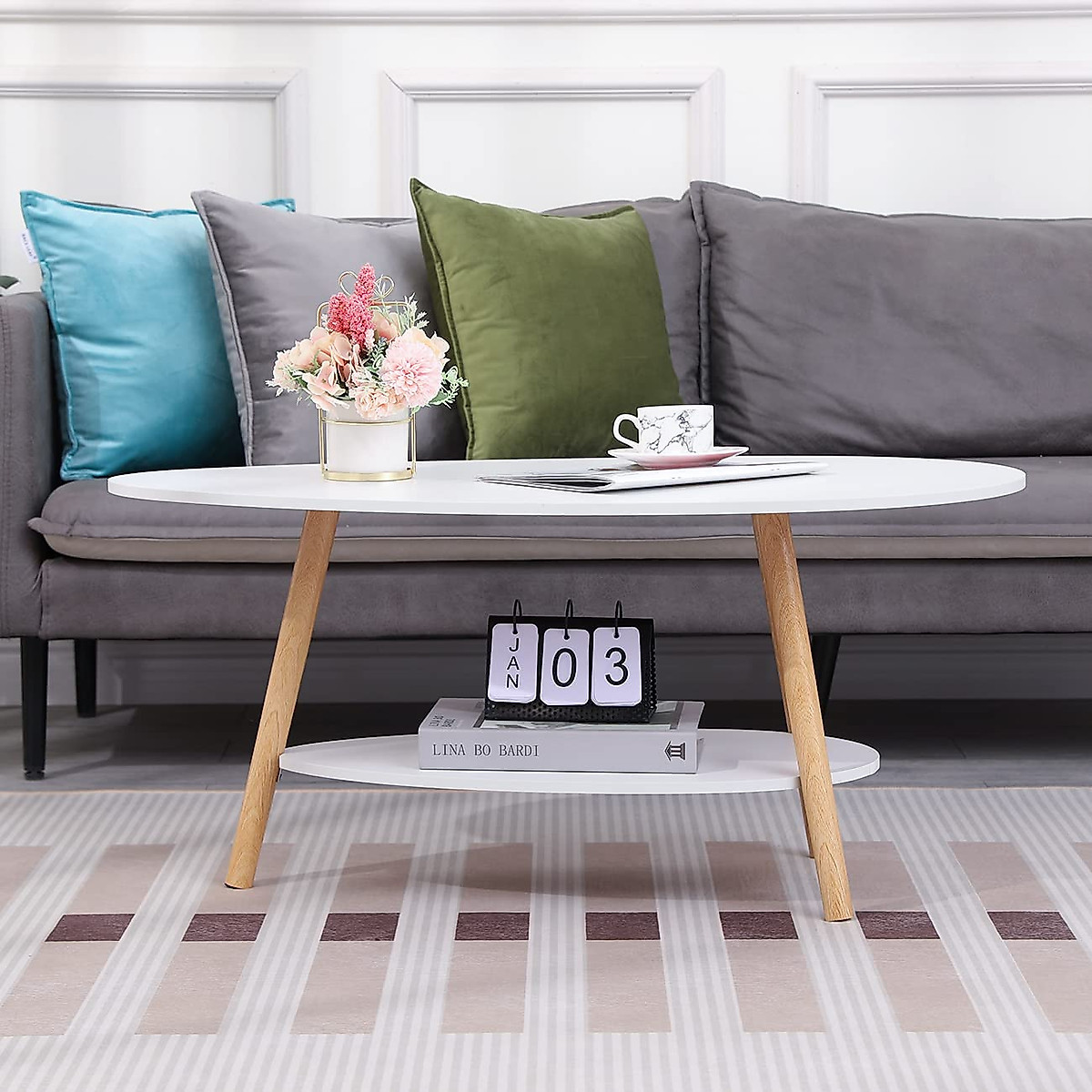 Oval Wood Coffee Table Modern Style with Open Storage Layer for Storage and Display 2 Tier Goose Egg Pattern Sofa Table Cocktail Table for Living Room Home Office