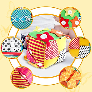 KAKIBLIN Cubic Activity Learning Toy with Zippers, Latches, Buckles, Laces, Snaps, Buttons and More - Perfect for Toddlers at Home, on Airplanes, Cars or Travel