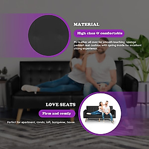 TYBOATLE Faux Leather Convertible 65'' Folding Futon Sofa Bed w/ 2 USB, Loveseat for Small Space, Apartment, Dorm, Living Room, Office, Black