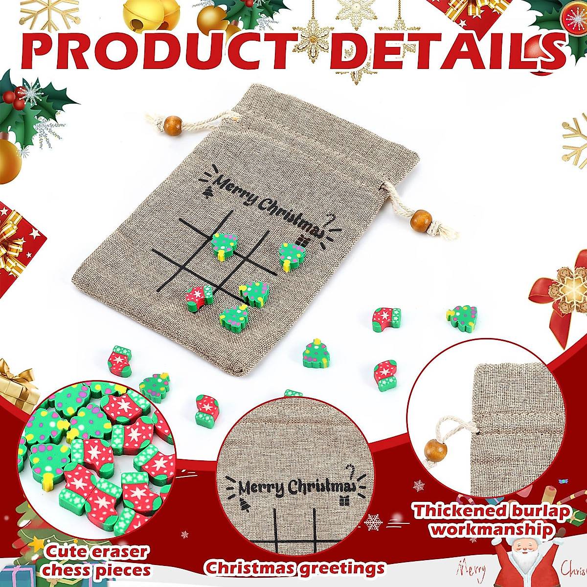Windyun 100 Set Christmas Tic Tac Toe Game Bulk Xmas Board Game 3.94 x 5.91 Burlap Drawstring Bag with 1000 Christmas Tree and Stocking Classroom Games Christmas Gifts Party Family Games