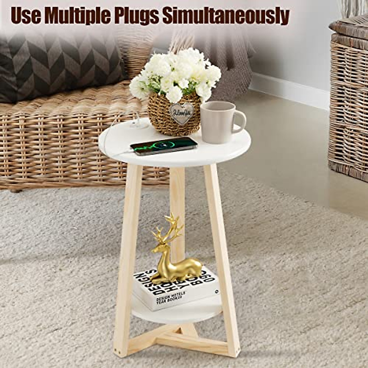 TINSAWOOD Side Table with Charging Station, Small Boho Round End Table with Two-Tier Storage for Living Room, Bedroom & Small Spaces, Easy Assembly